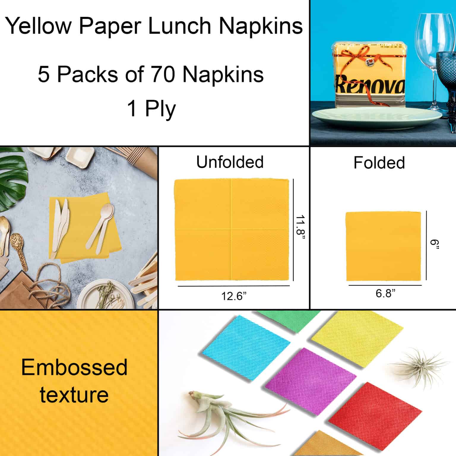 Yellow Paper Napkins 5-Pack | Renova | 70 Napkins | 1-Ply