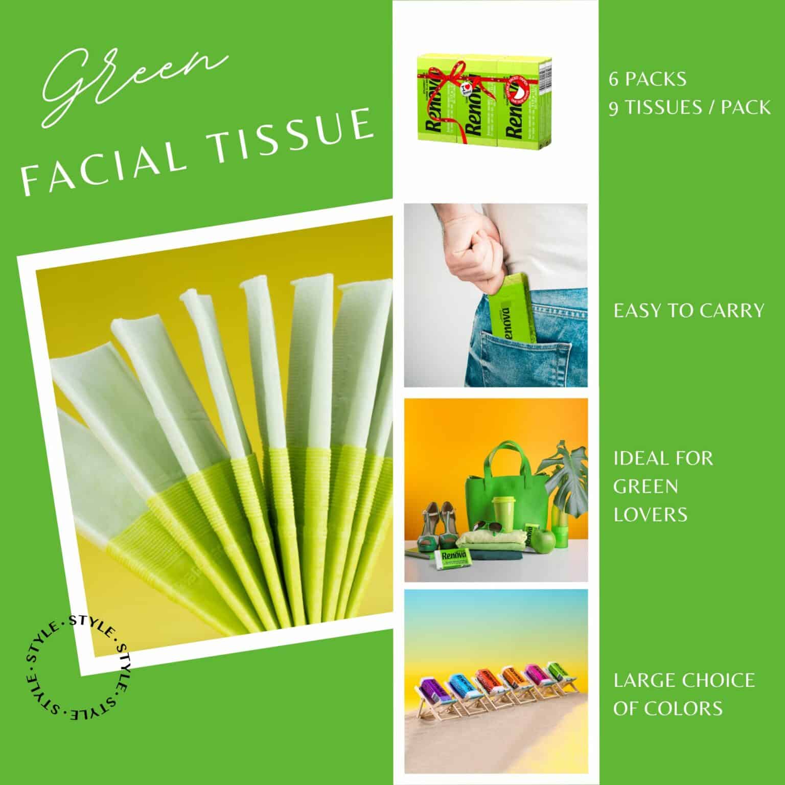 Green Pocket Tissue 42-Pack | Renova | 3-Ply